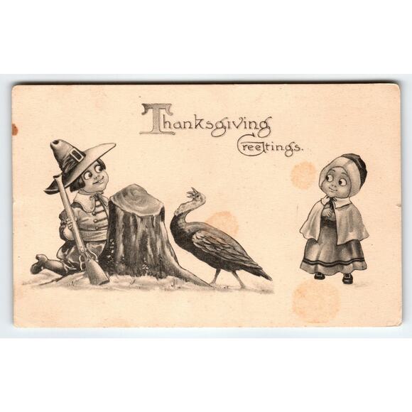 Postcard | Art | Vintage Thanksgiving Greetings Pilgrim Children Turkey ...